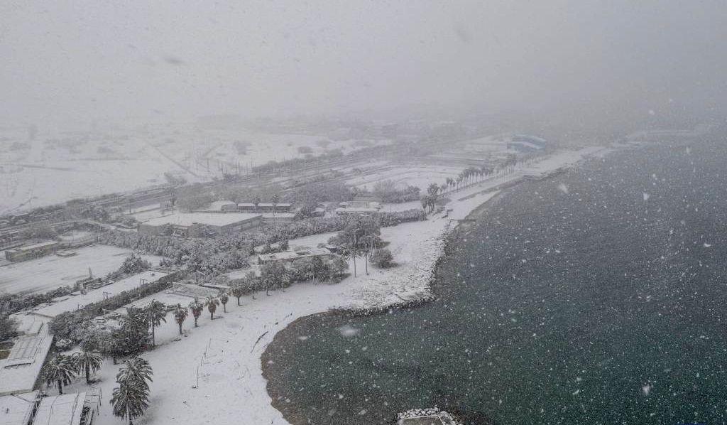 Greece :A beach during heavy snowfall on Athens