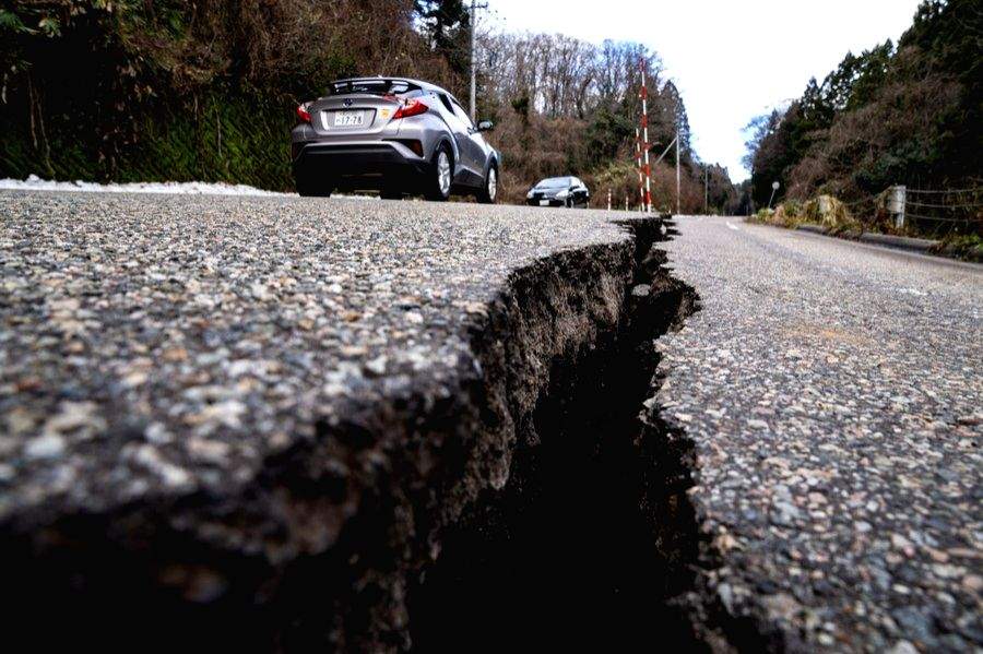 A damaged road by earthquakes in Hakui, Ishikawa prefecture, Japan.