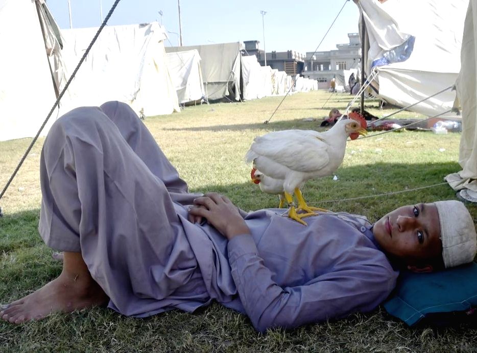 A flood-affected boy rests at a relief shelter
