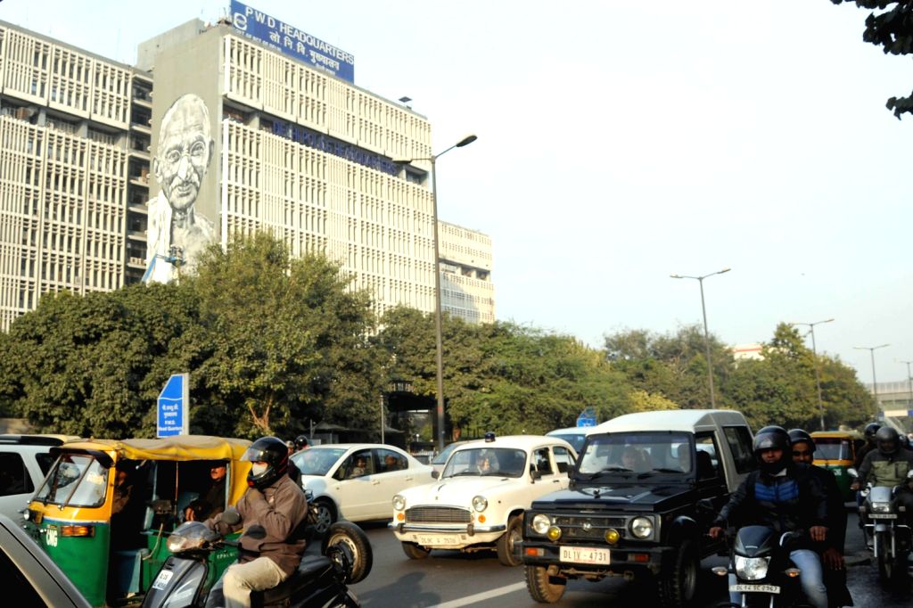Gandhi on the wall of Delhi Police Headquarters