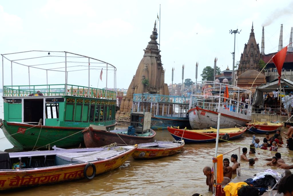:Varanasi :A submerged temple on the bank of the Ganga river.