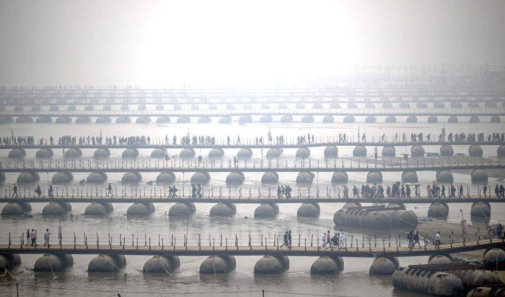 A top view of the Pontoon Bridges over the Sangam