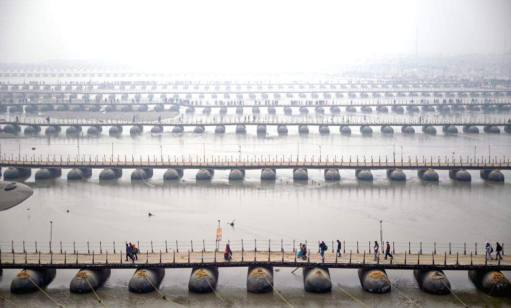 A top view of the Pontoon Bridges over the Sangam