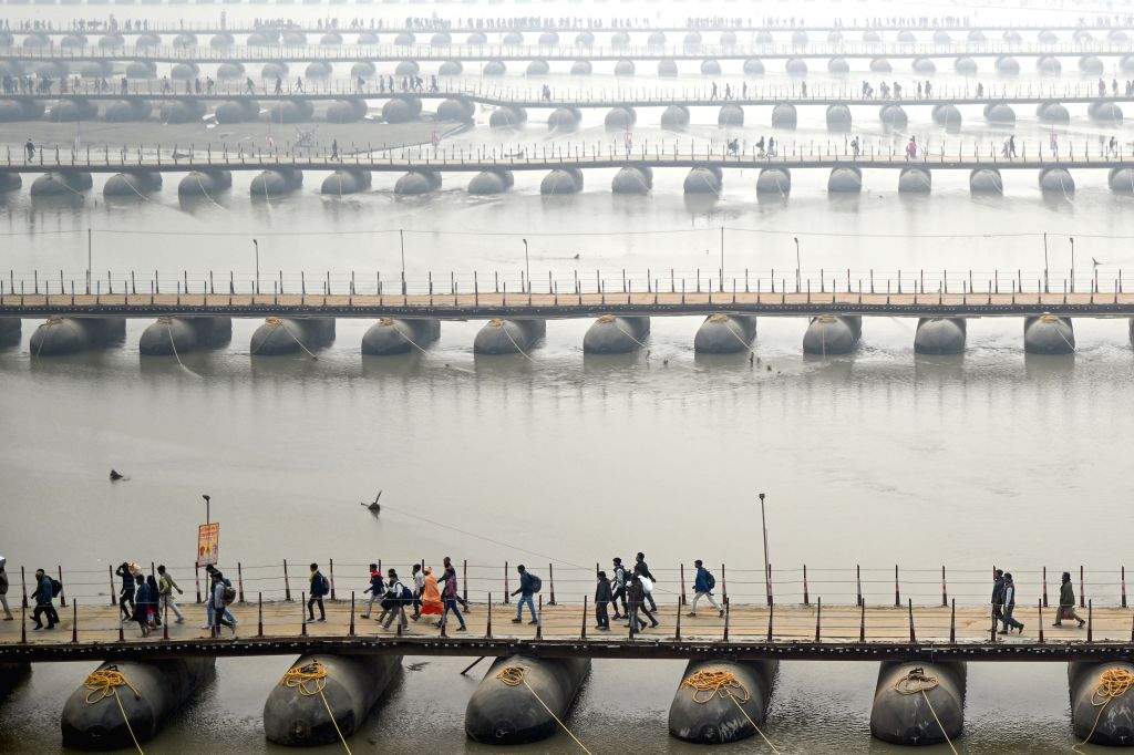 A top view of the Pontoon Bridges over the Sangam