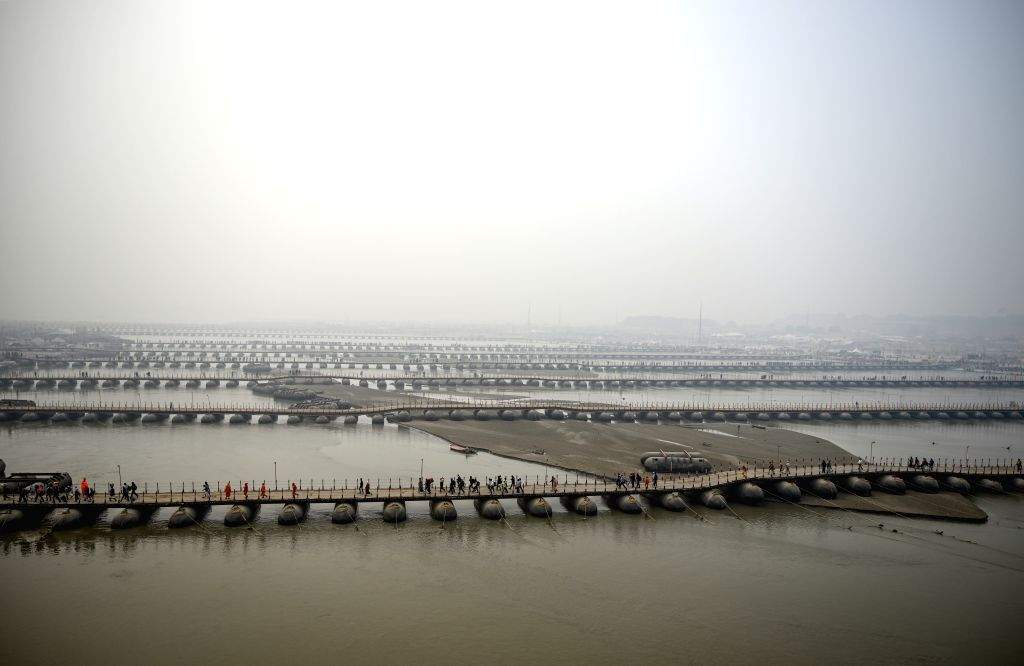 A top view of the Pontoon Bridges over the Sangam