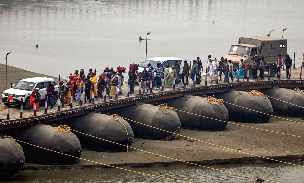 A top view of the Pontoon Bridges over the Sangam