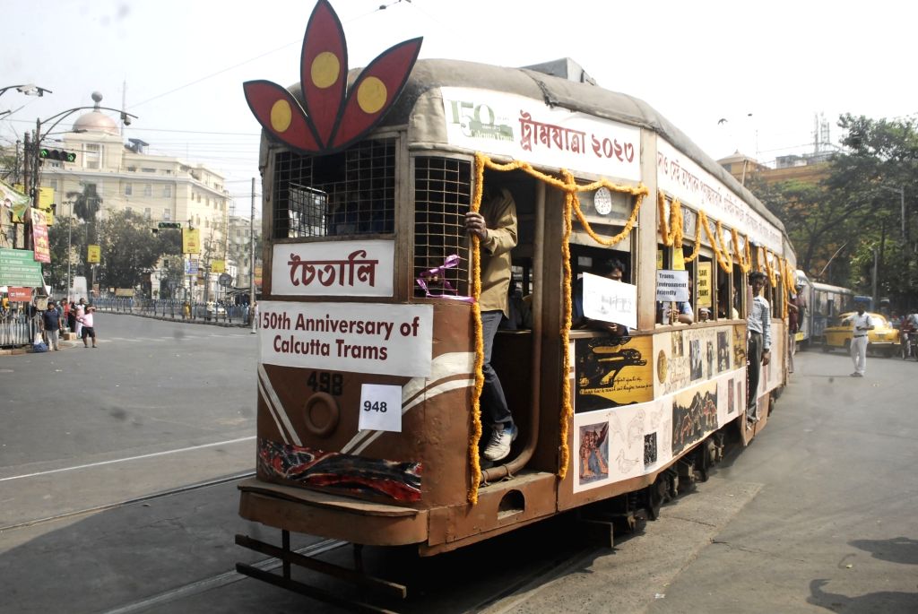 A tram rides past during Tram Parade to mark 150 years celebration