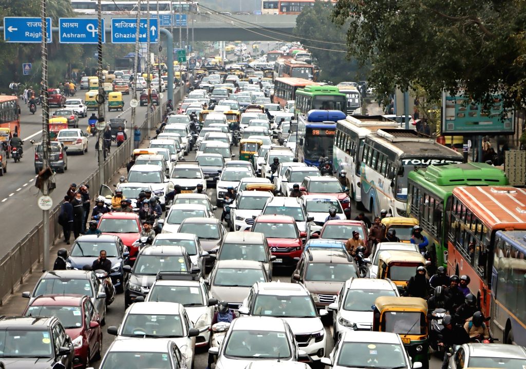 A view of stucked vehicles in a heavy traffic jam