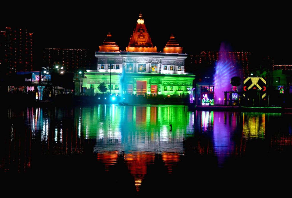 A view of the decorated Collage Square community puja pandal