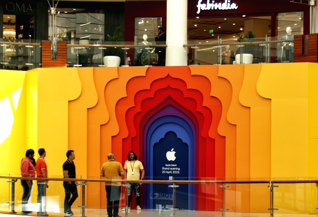 A view of the decorative entrance of the new Apple store