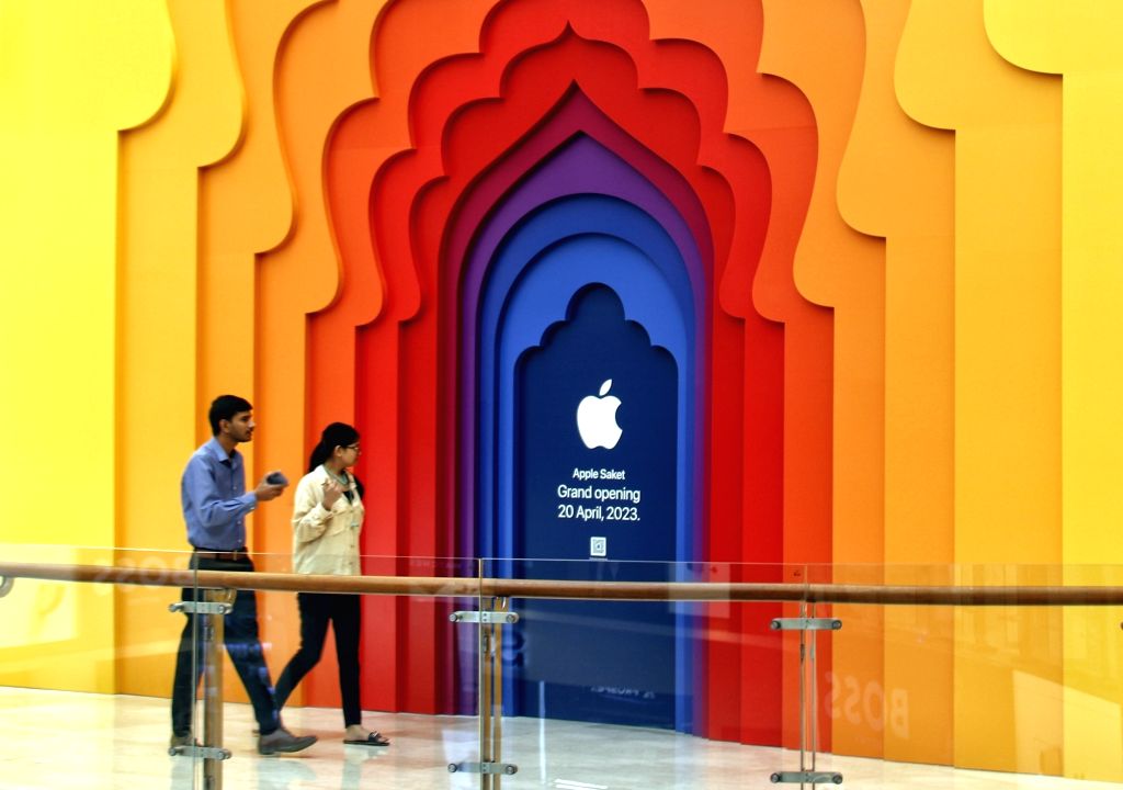 A view of the decorative entrance of the new Apple store