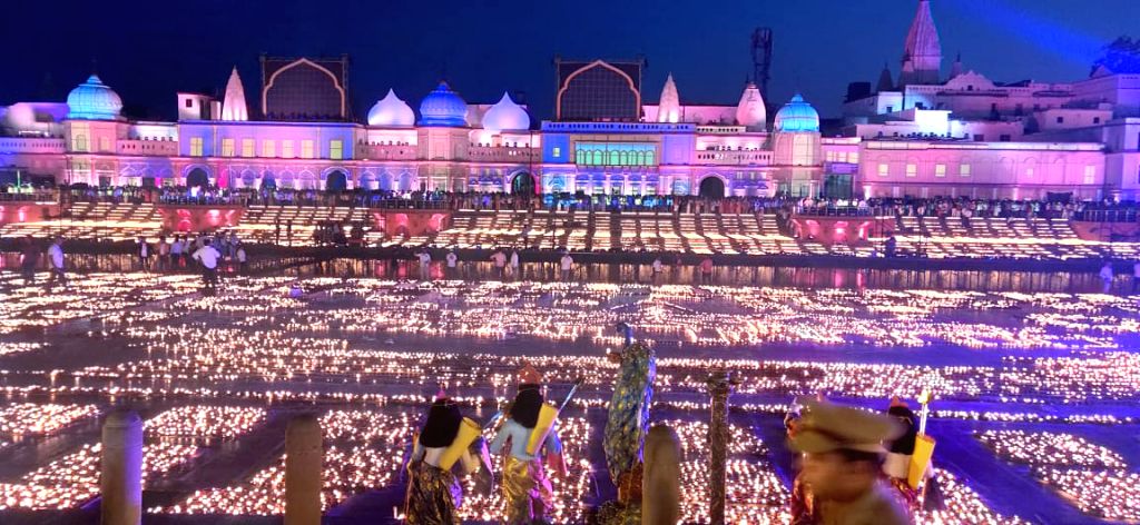 A view of the earthen lamps lit to celebrate Deepotsav on the eve of ...