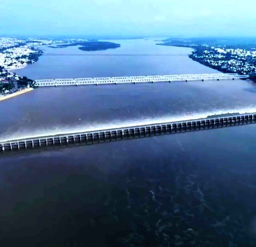 Overflowing Krishna river at Prakasam Barrage