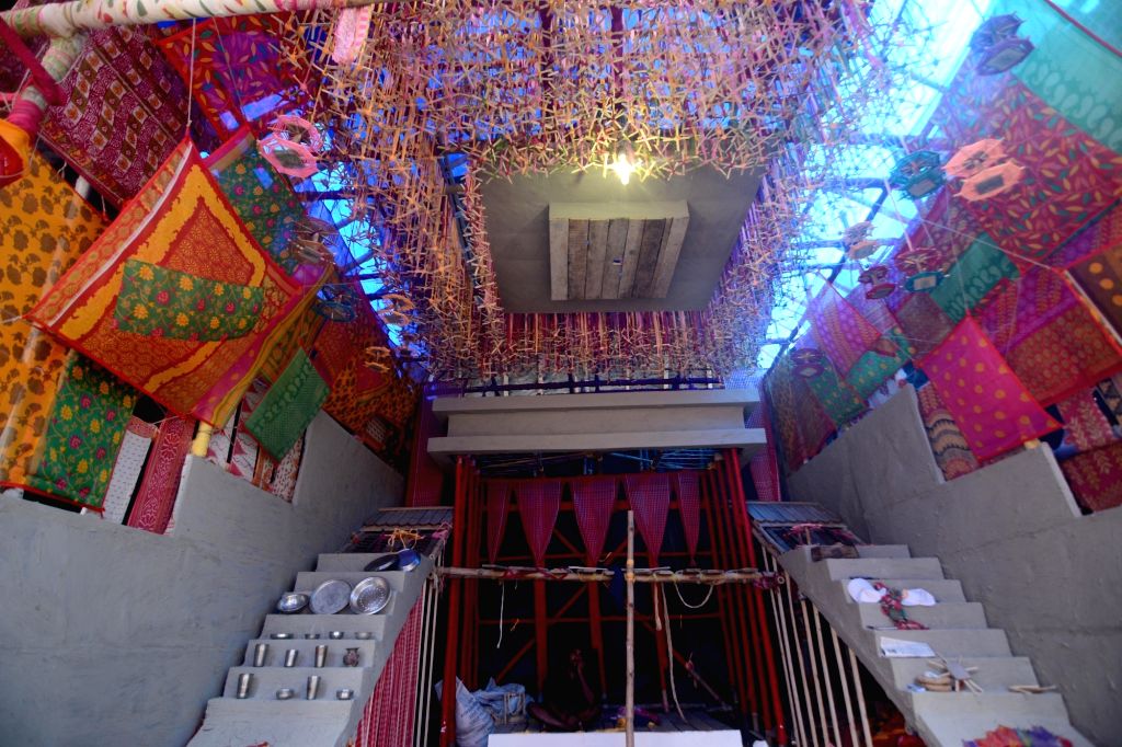 A view of the preparations of a Puja Pandal ahead of Durga Puja Festival
