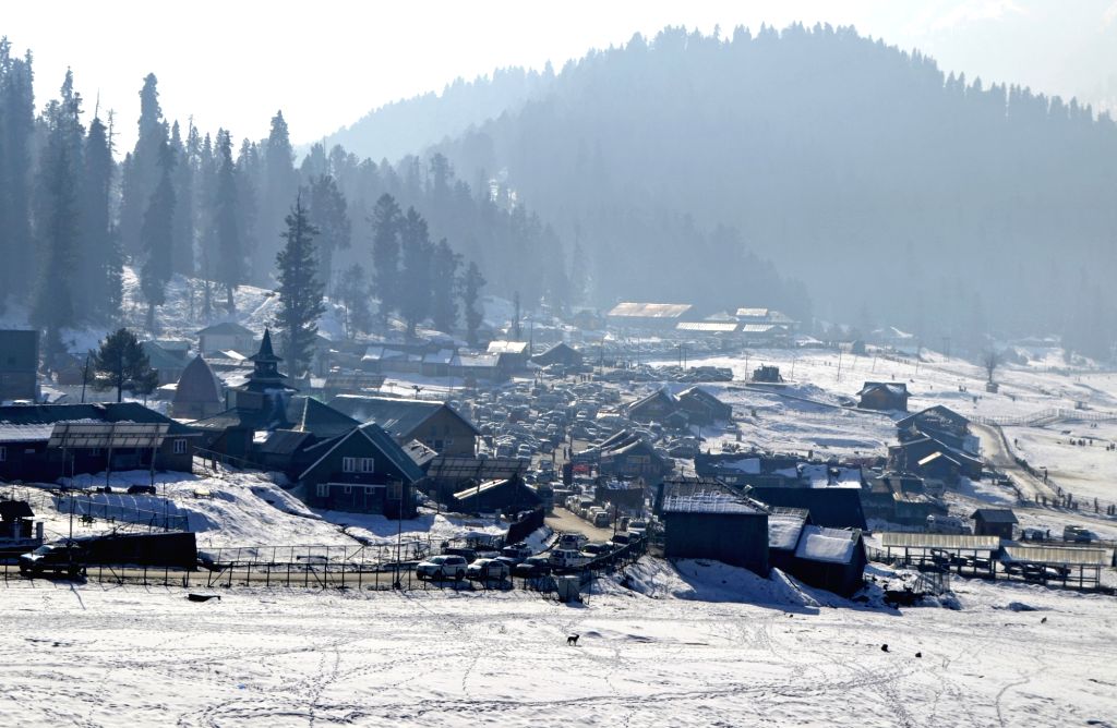 A view of the upper reaches of Gulmarg covered in snow