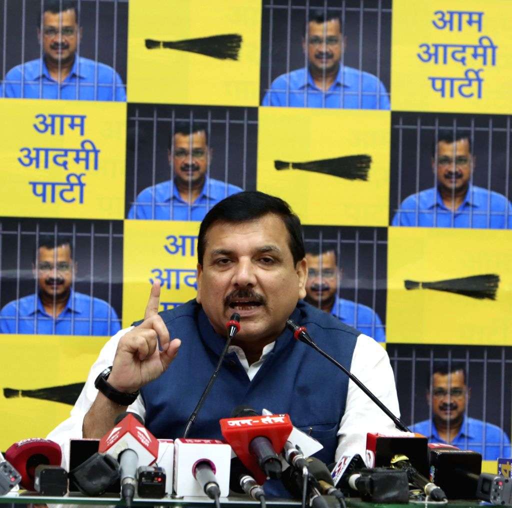 AAP MP Sanjay Singh addresses a press conferenc
