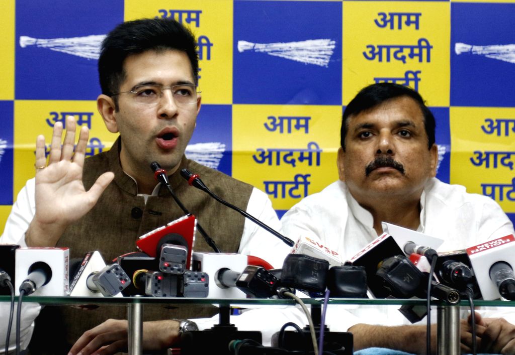 AAP MPs Raghav Chadha and Sanjay Singh address a press conference