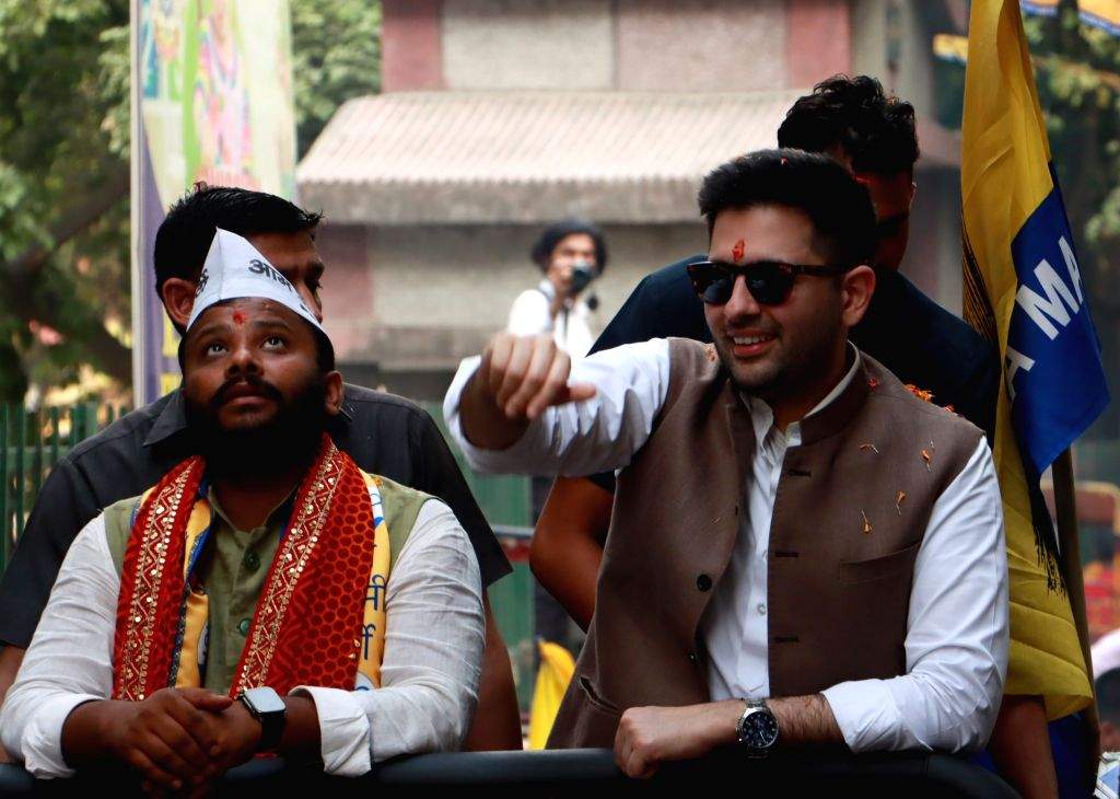 AAP Rajya Sabha MP Raghav Chadha during a road show in four of party ...