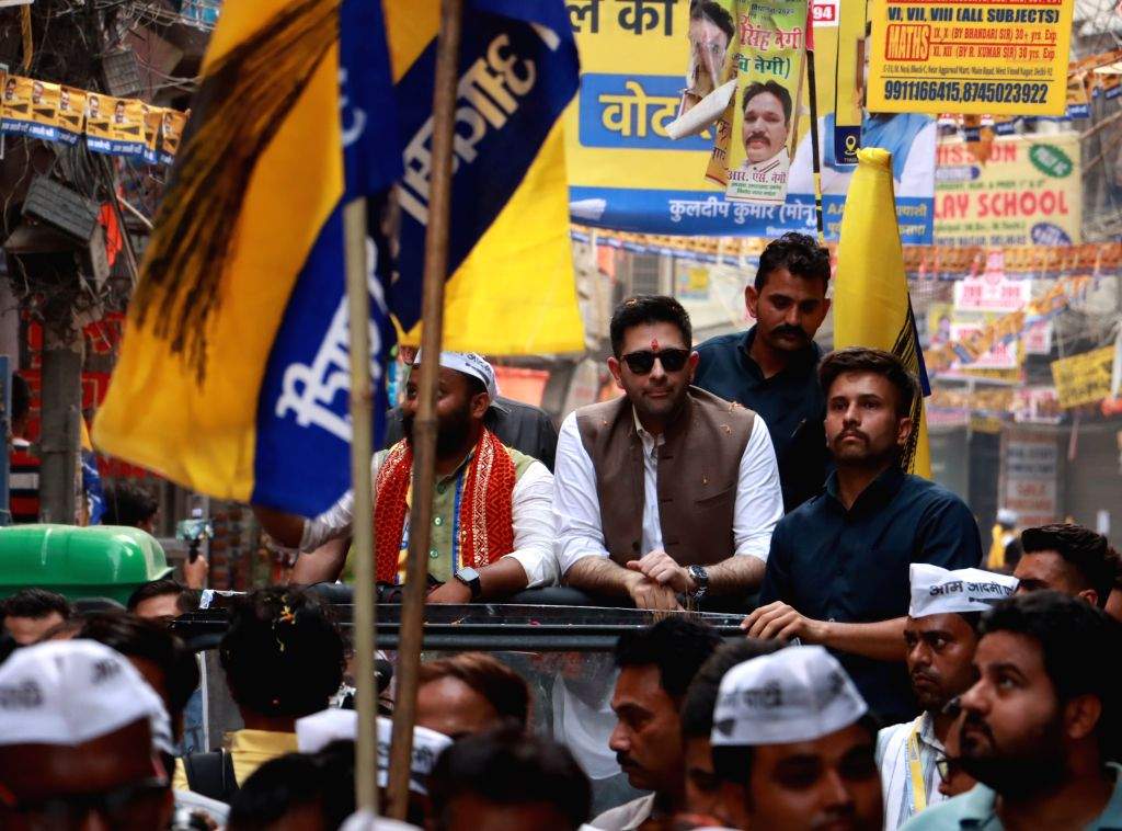 AAP Rajya Sabha MP Raghav Chadha during a road show in four of party ...