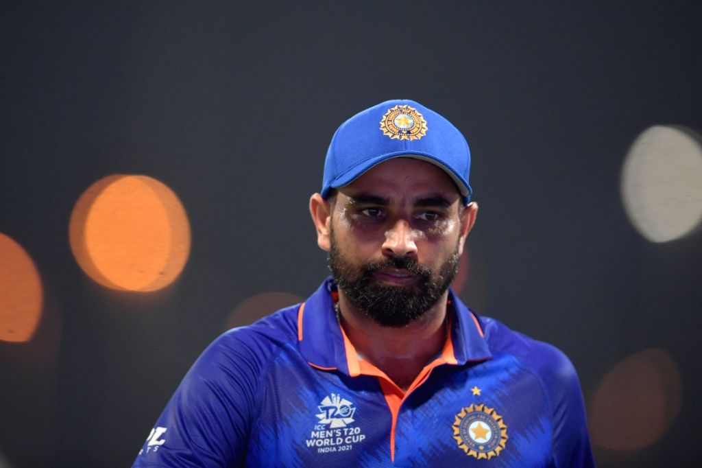 :Abu Dhabi:India's Mohammed Shami reacts during the Cricket Twenty20 ...