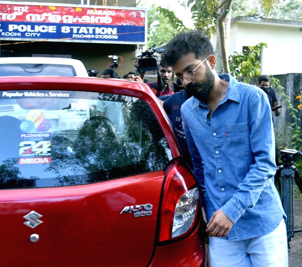 Actor Sreenath Bhasi coming out from Maradu police station