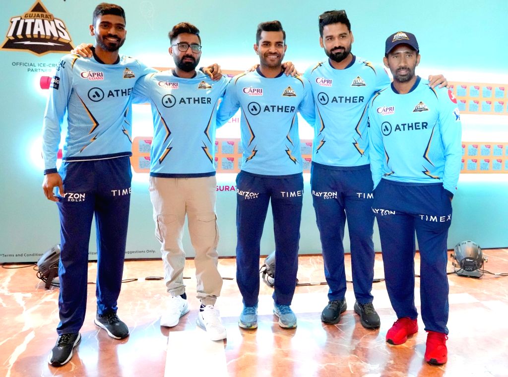 : Ahmedabad :Gujarat Titans players pose during a promotional event.