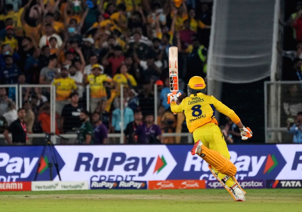 Ahmedabad : Chennai Super Kings' Ravindra Jadeja celebrates after their win