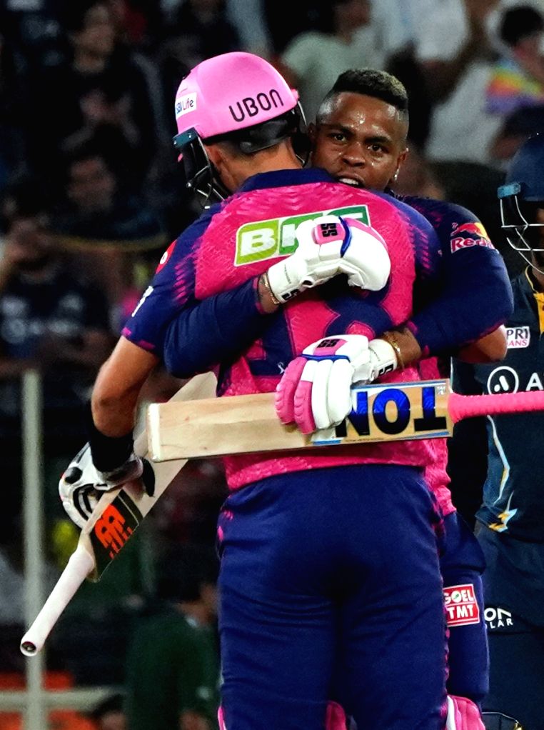 Ahmedabad : RR's Shimron Hetmyer and and Trent Boult celebrate after ...