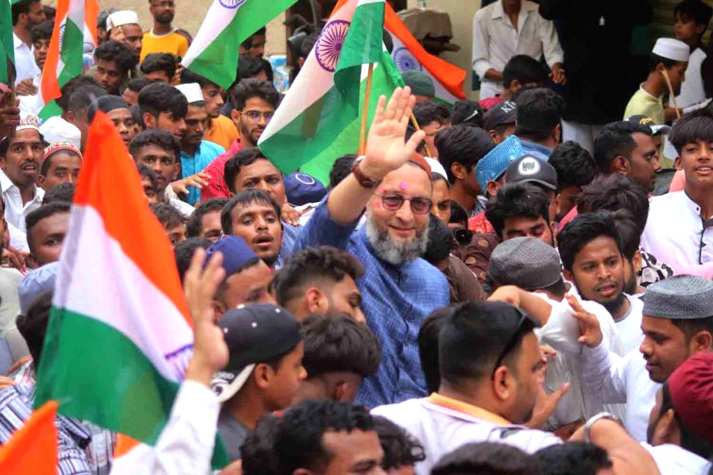 AIMIM chief Asaduddin Owaisi with supporters during 'Tiranga Rally