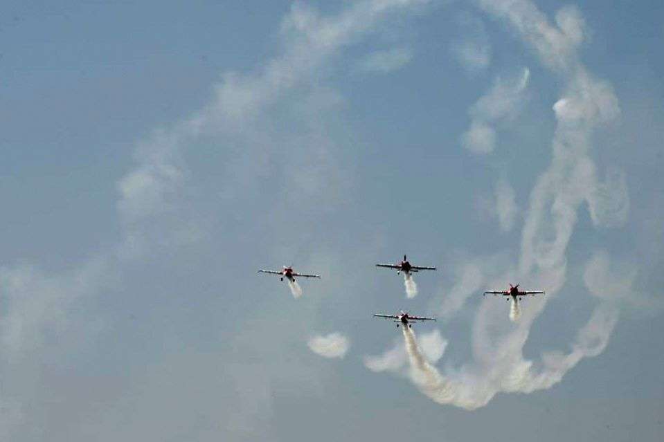 Aircrafts fly past during the Wings India Airshow
