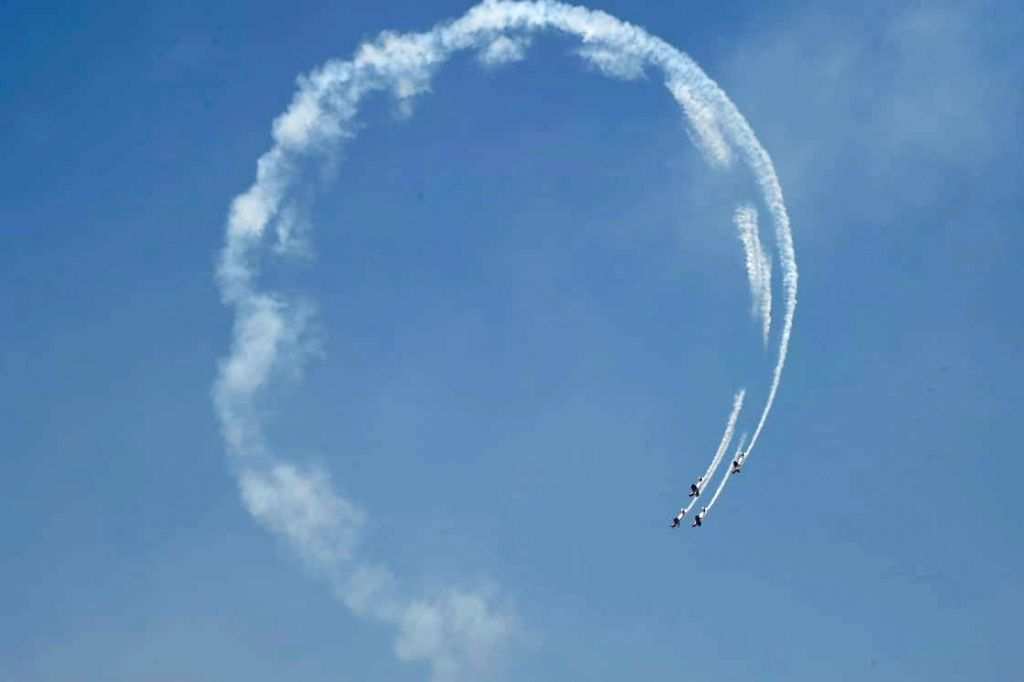 Aircrafts fly past during the Wings India Airshow