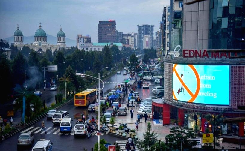 Addis Ababa:An electronic screen displays epidemic prevention advices ...