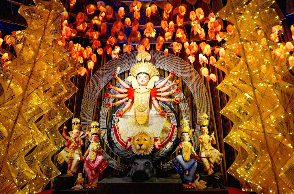 An idol of Goddess Durga at a pandal during the Durga Puja celebrations
