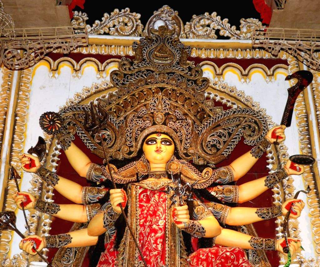 An idol of Goddess Durga at a pandal on the eve of the Durga Puja festival