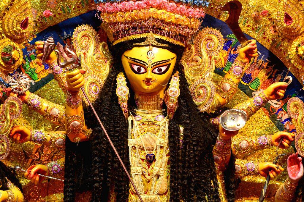 An idol of Goddess Durga at a pandal on the eve of the Durga Puja festival