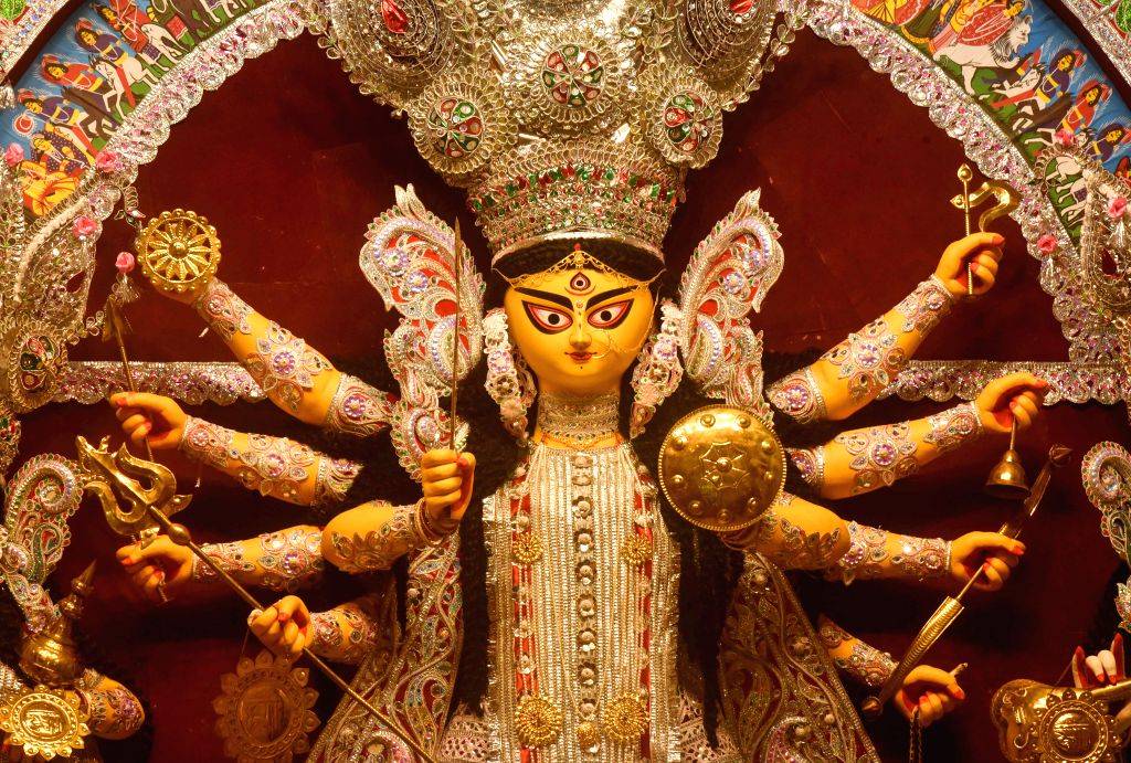 An idol of Goddess Durga at a pandal on the eve of the Durga Puja festival