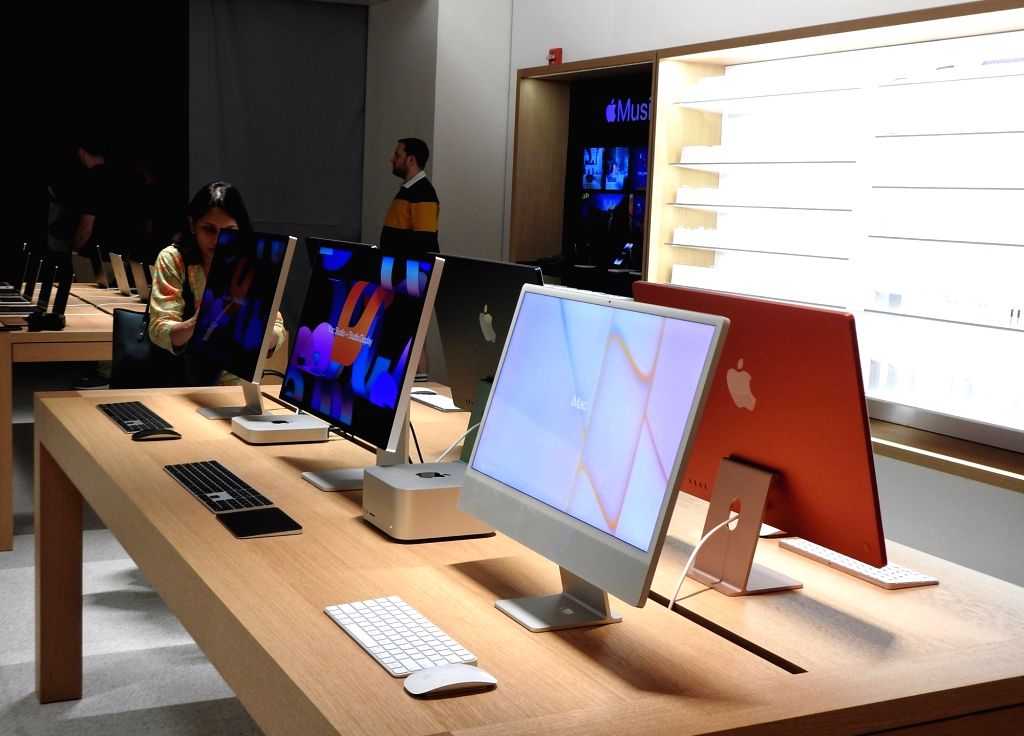 New Delhi : Apple products on display at the Apple retail store at Saket