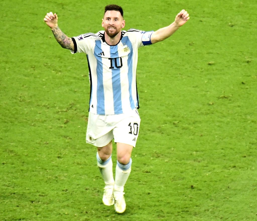 :Lusail:Argentina's Lionel Messi celebrates his side's victory at the ...