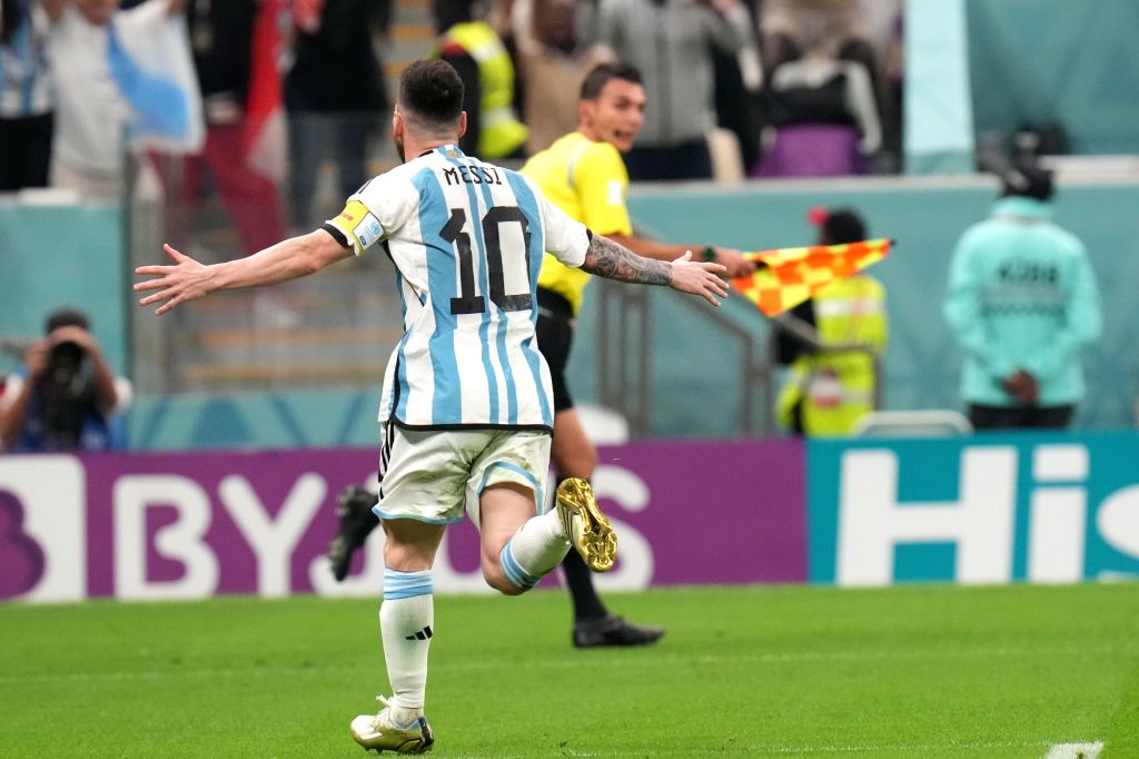 : Lusail:Argentina's Lionel Messi celebrates scoring his side's first ...