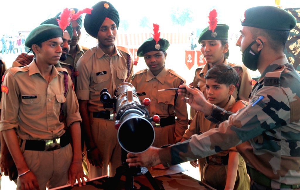 Army personnel display army equipment at the Khalsa College campus