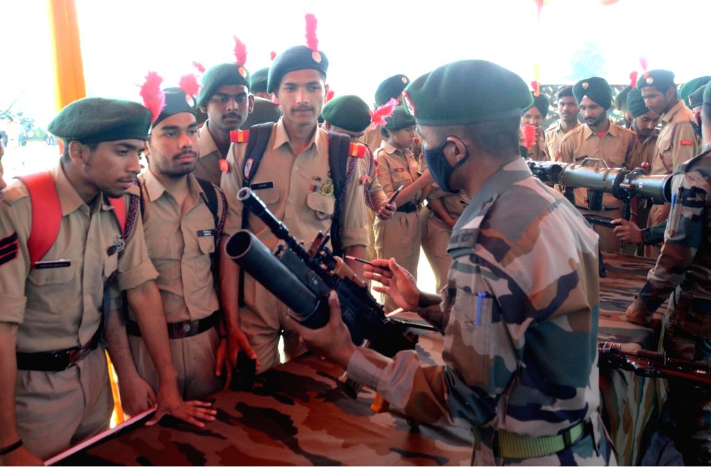 Army personnel display army equipment at the Khalsa College campus