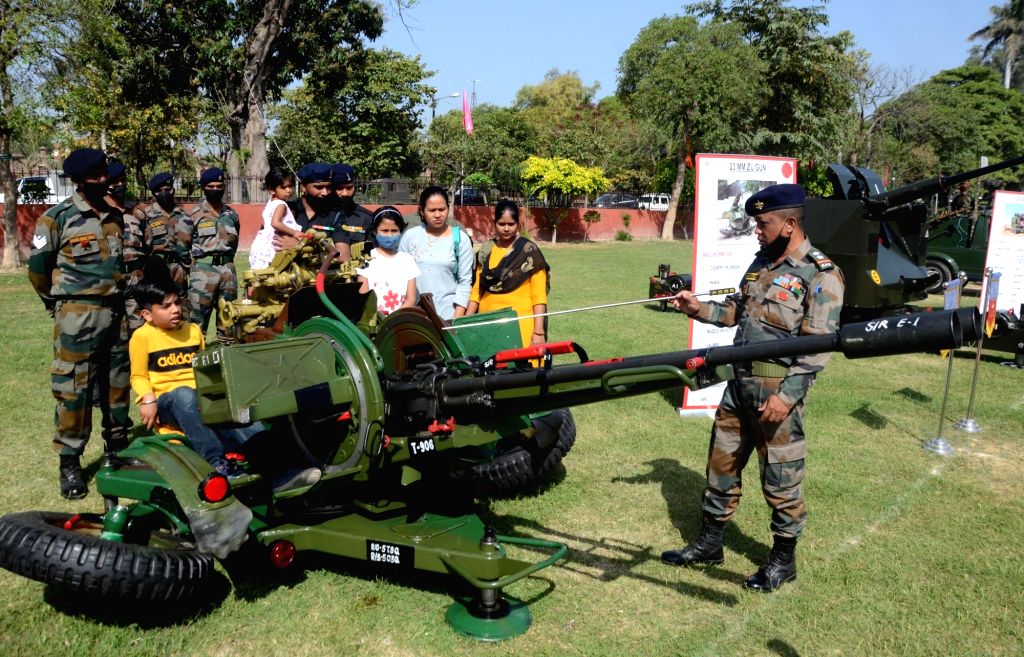 Army personnel display army equipment at the Khalsa College campus