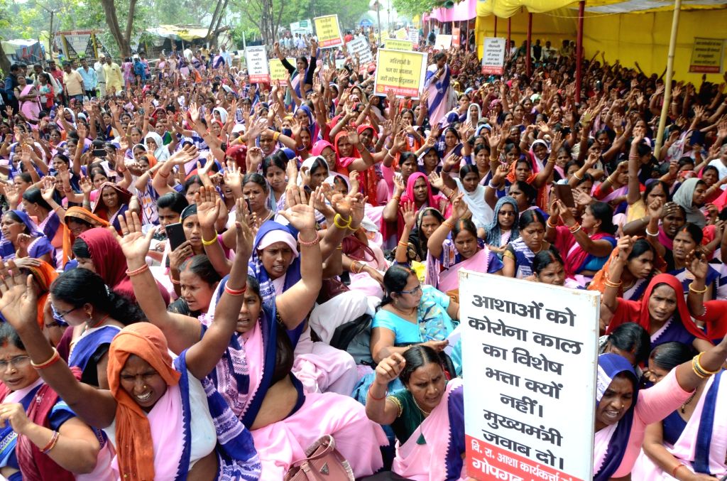 ASHA health workers stage a protest demanding higher wages