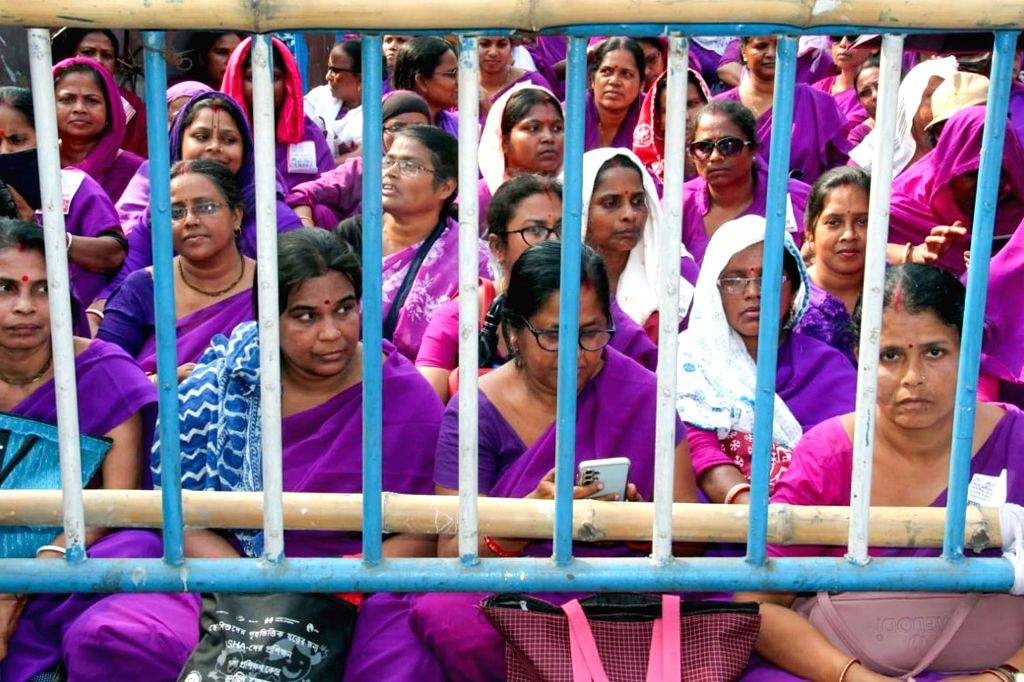 Asha workers and health workers during a protest in front of Swastha Bhawan