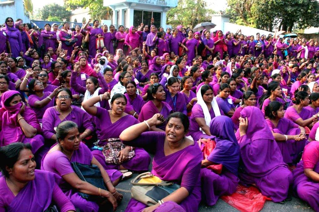 Asha workers and health workers during a protest in front of Swastha Bhawan