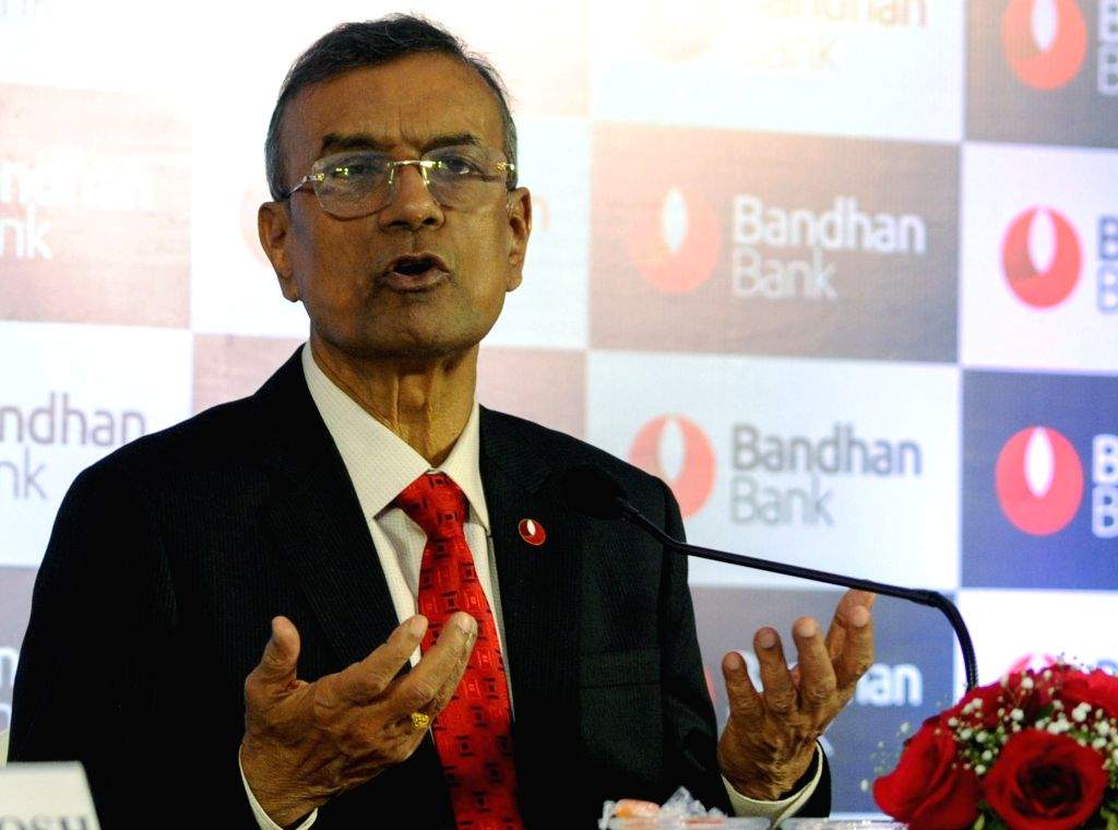 Bandhan Bank MD and CEO Chandra Shekhar Ghosh during a press meet for ...