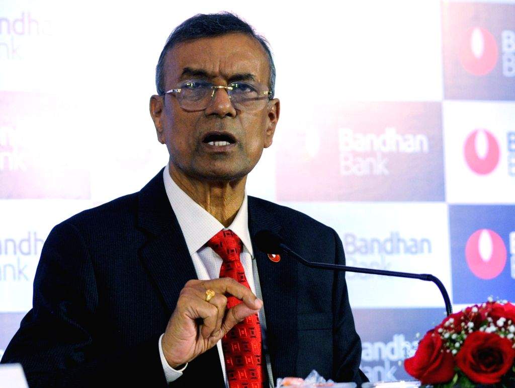 Bandhan Bank MD and CEO Chandra Shekhar Ghosh during a press meet for ...