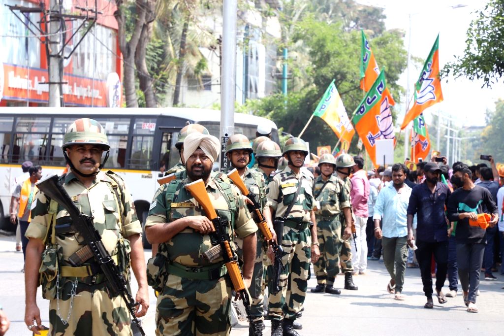 Bengaluru : BSF personnel stand guard at the Hebbal Assembly constituency