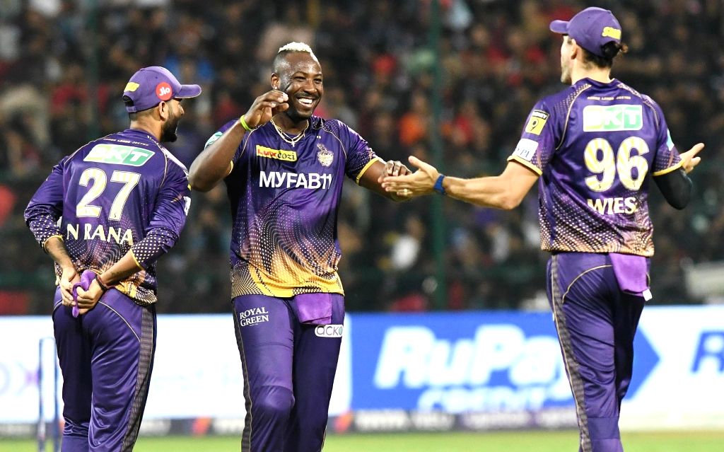 Bengaluru : KKR's Andre Russell celebrates a dismissal during the IPL ...