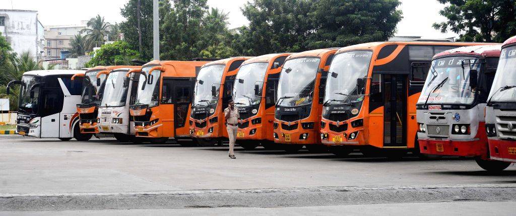 Bengaluru : KSRTC buses parked at Majestic Bus stand following the ...
